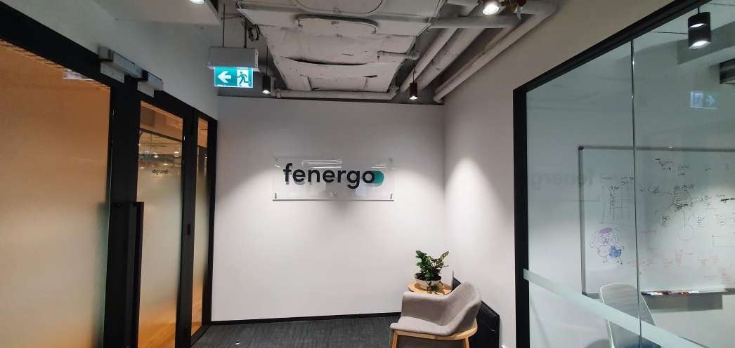 Fenergo_Acrylic Reception sign with stainless steel standoffs and vinyl ...