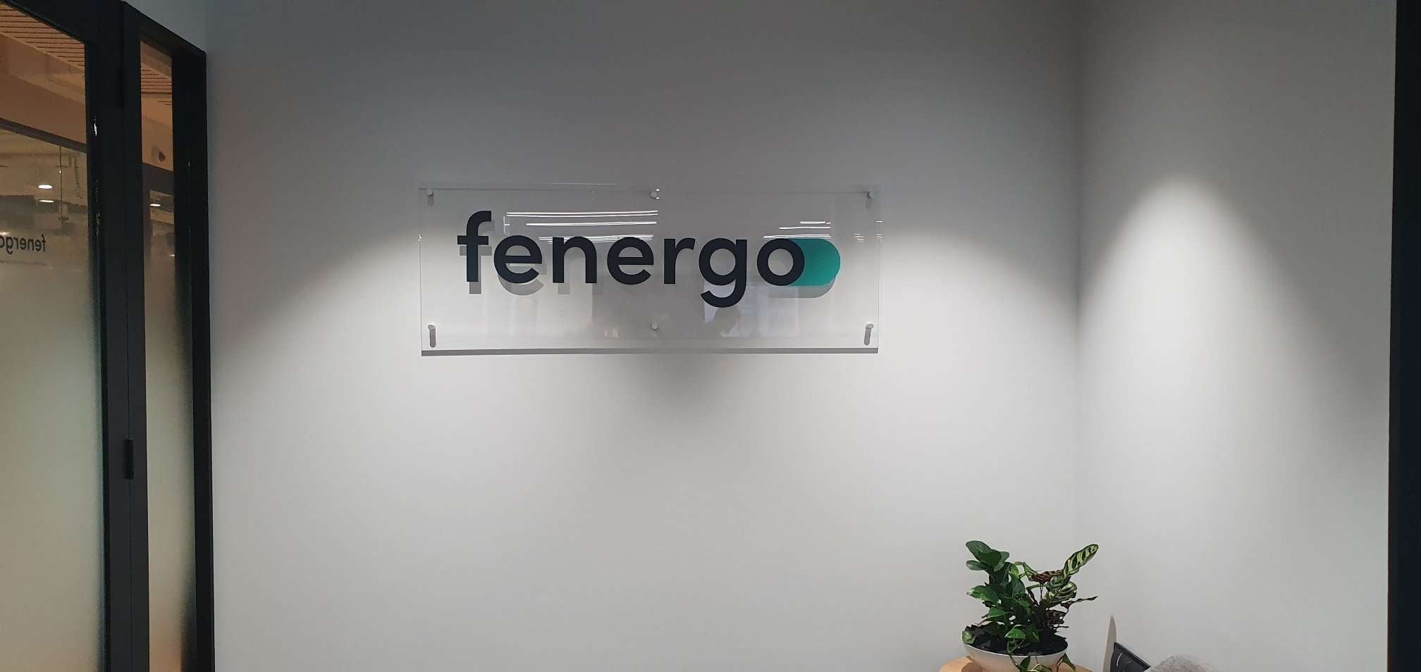 Fenergo_Acrylic Reception sign with stainless steel standoffs and vinyl ...
